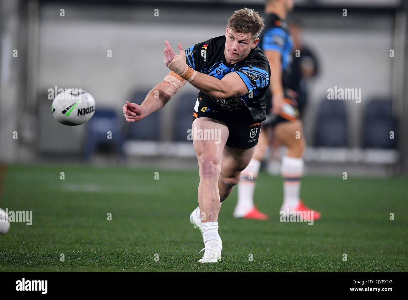 Harry Grant of the Tigers is seen during the warm up ahead of the Round ...