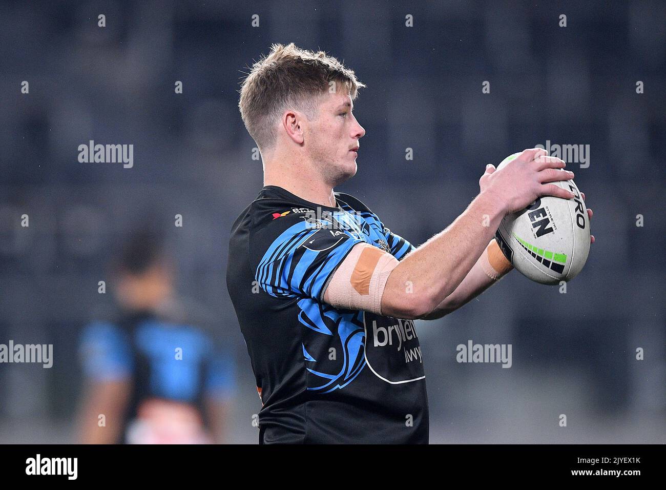 Harry Grant of the Tigers is seen during the warm up ahead of the Round ...