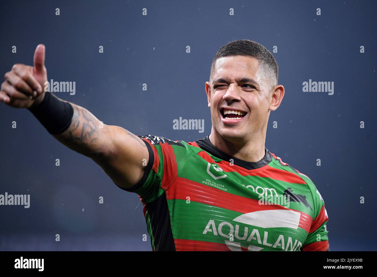 Dane Gagai of the Rabbitohs gestures to the crowd following the Round 9 ...