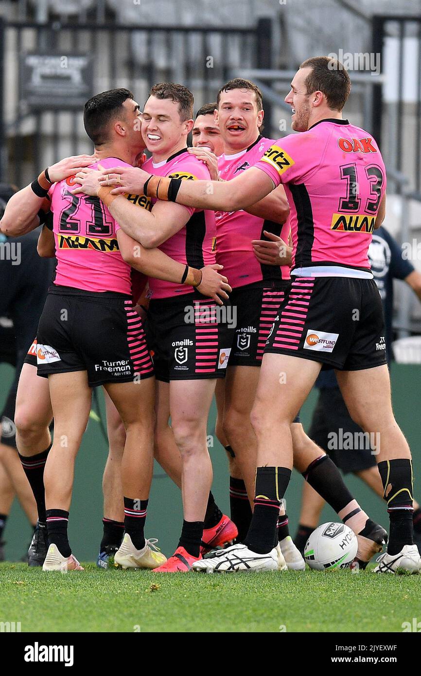 Charlie Staines of the Panthers (left) celebrates with teammates after ...