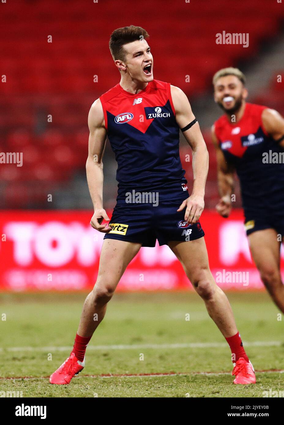 Bayley Fritsch of the Demons celebrates kicking a goal during the Round ...
