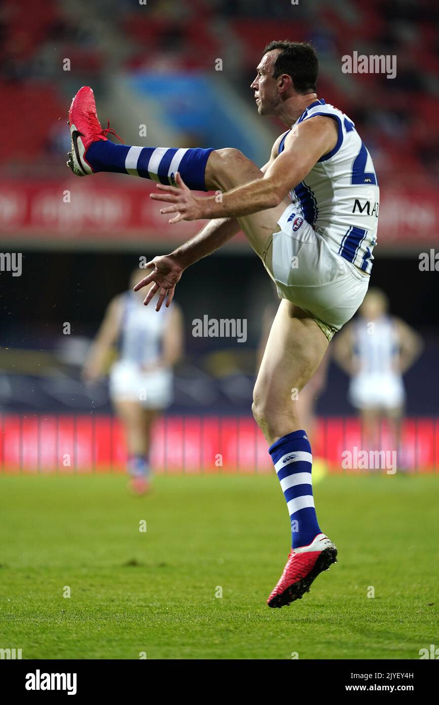 Todd Goldstein of the Kangaroos kicks a goal during the Round 6 AFL ...