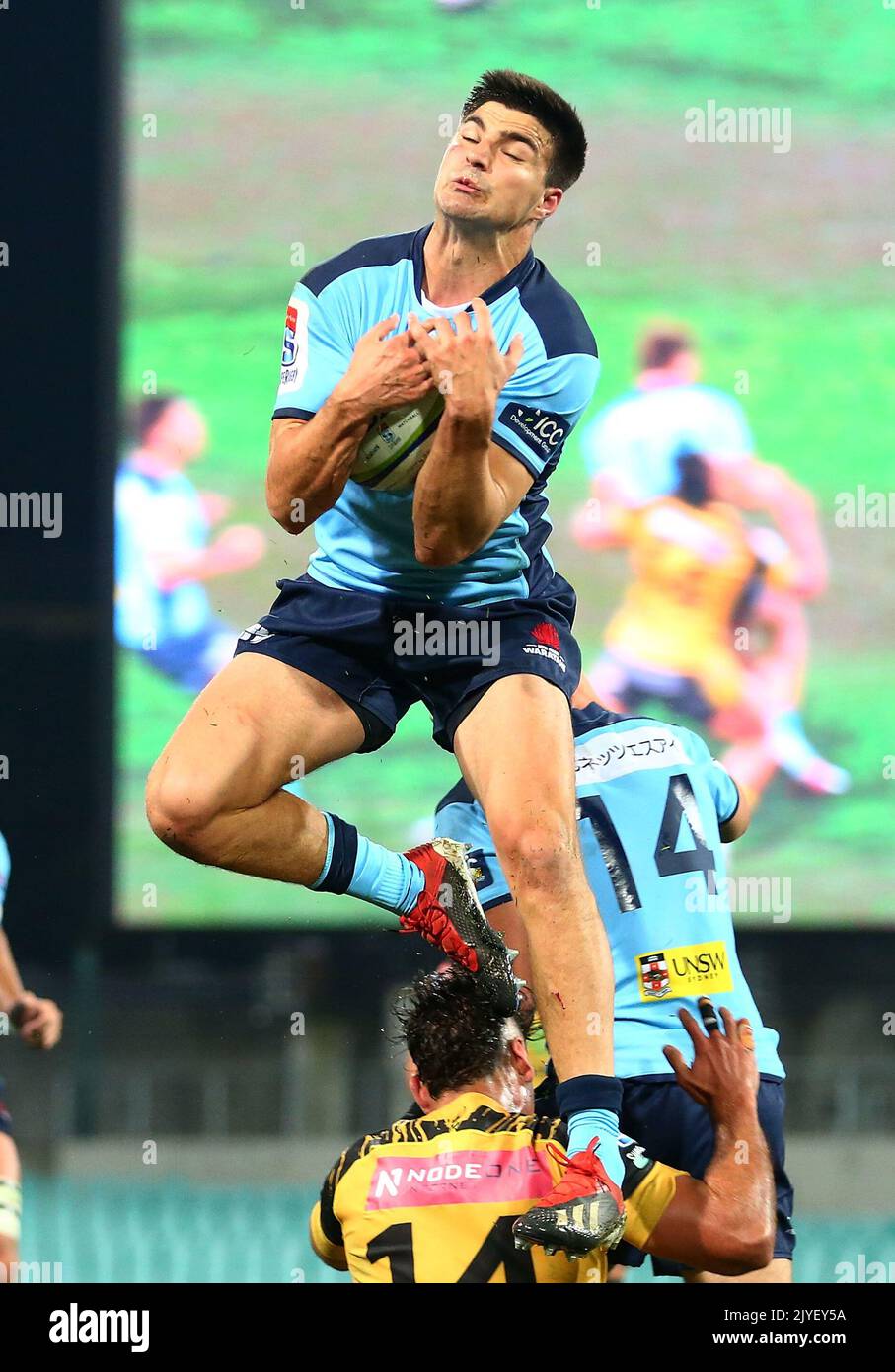Jack Maddocks of the Waratahs takes a high ball during the Round 2 ...