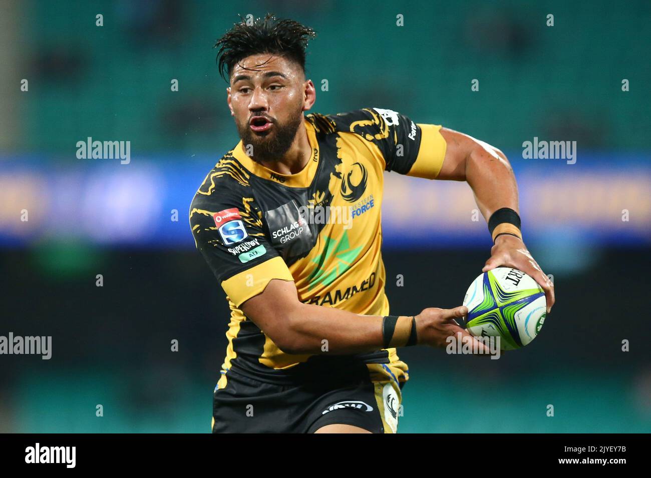 Henry Stowers of the Force makes a line break during the Round 2 Super ...