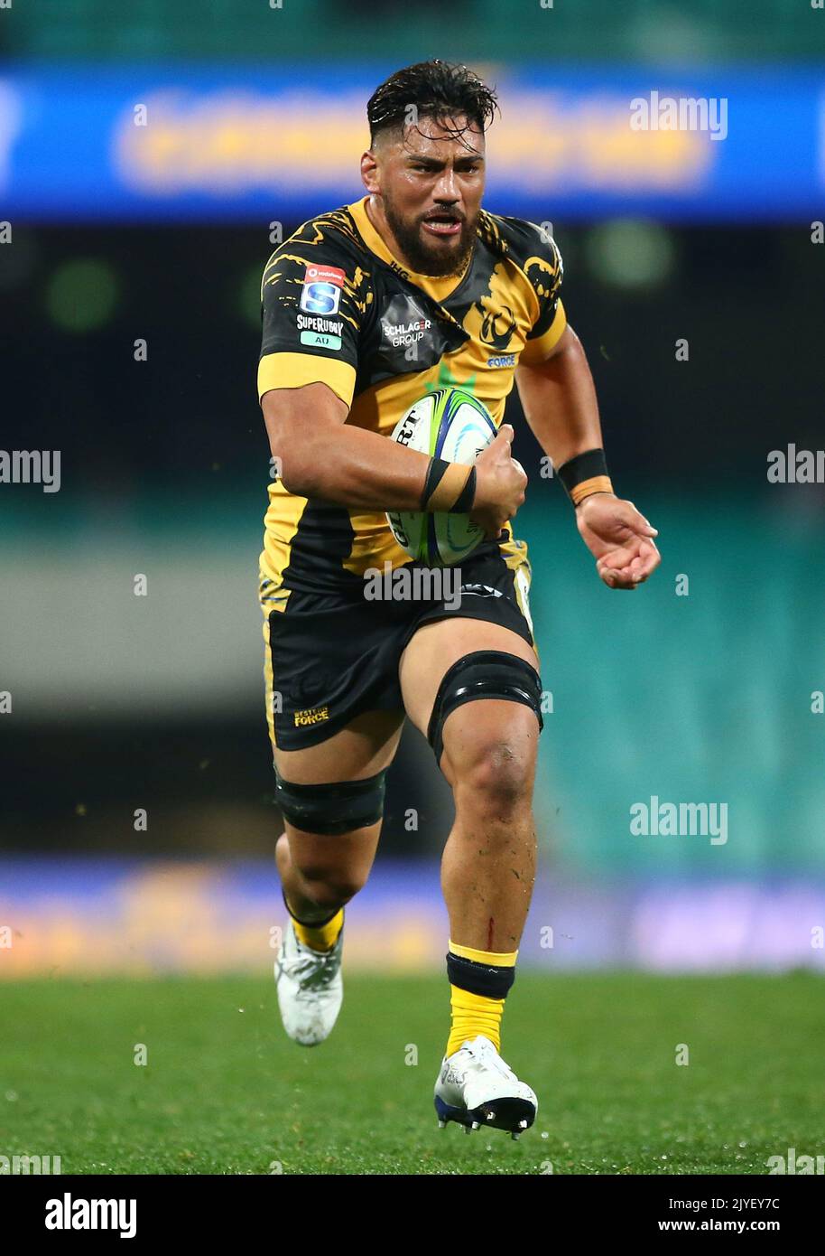 Henry Stowers of the Force makes a line break during the Round 2 Super ...