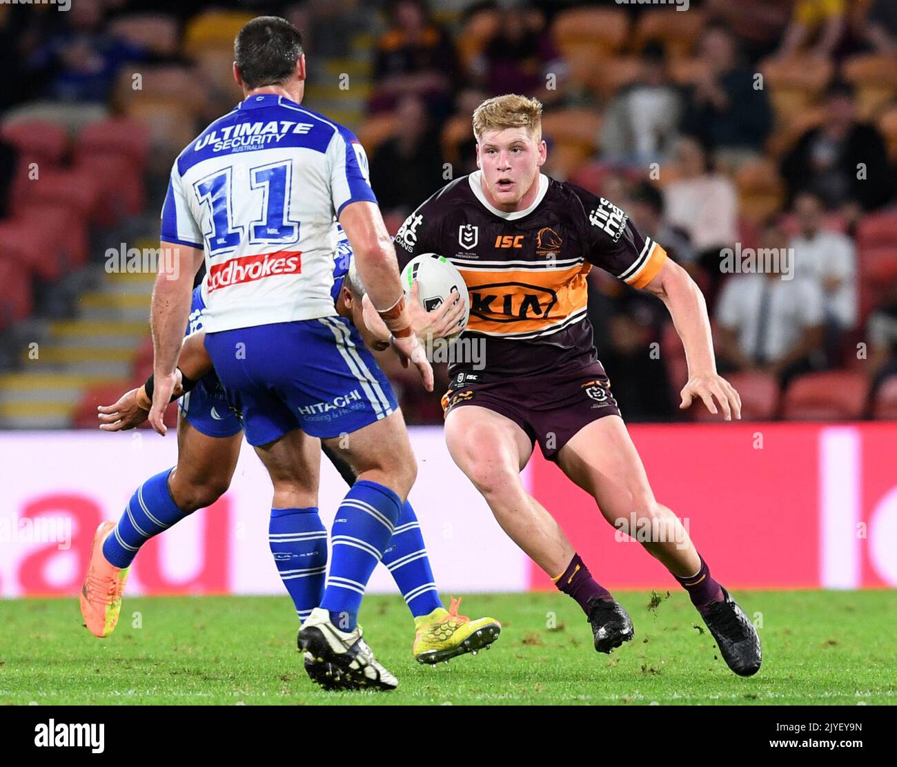 Thomas Flegler of the Broncos (right) comes against Josh Jackson of the ...