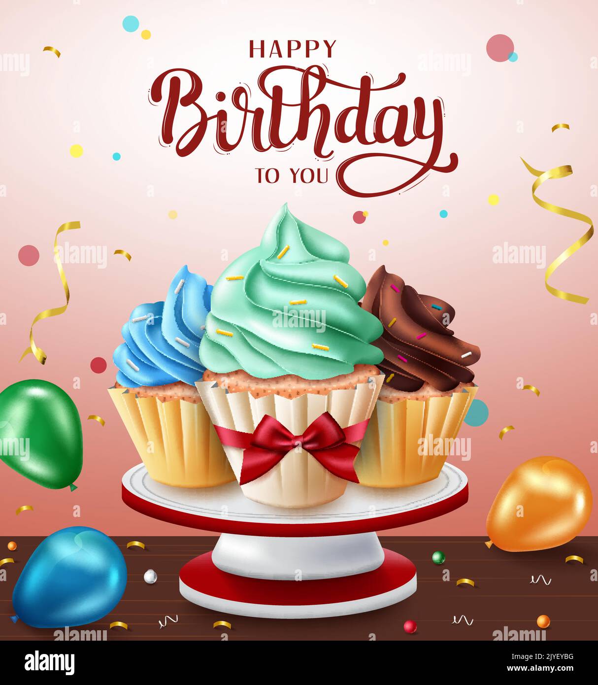 Birthday cupcakes vector design. Happy birthday greeting text with ...