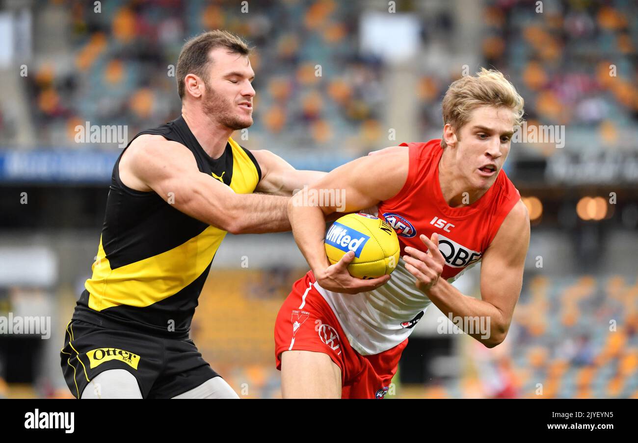Dylan Stephens (right) of the Swans in action during the Round 6 AFL ...