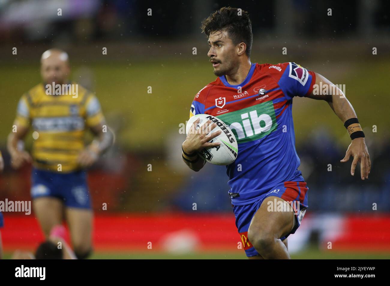 Enari Tuala of the Knights makes a run during the Round 9 NRL match ...