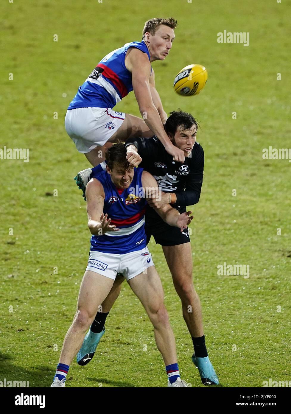 Bailey Dale of the Bulldogs attempts a mark over team mate Lachie ...