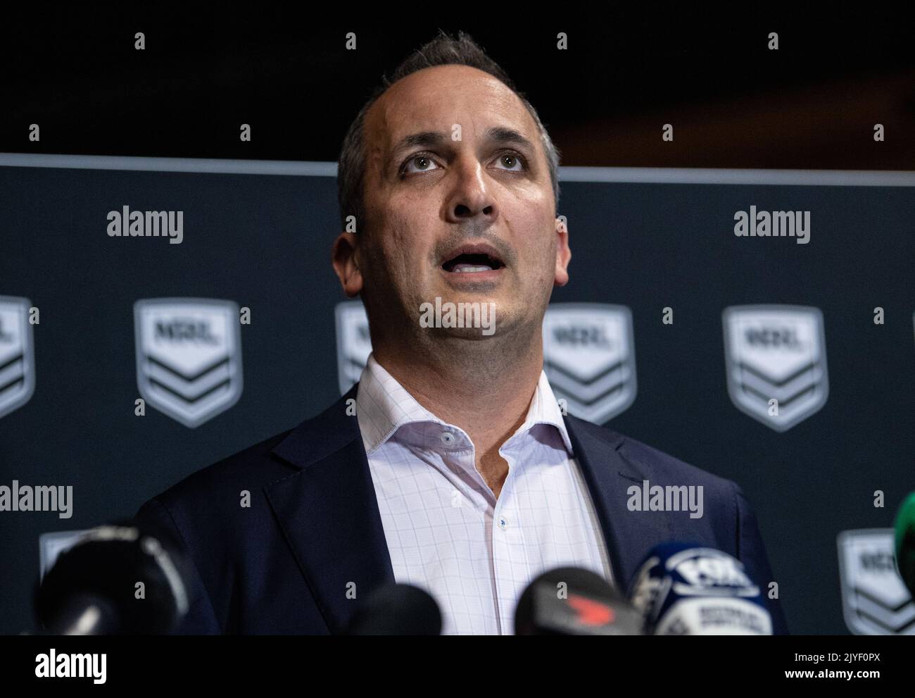 NRL Acting CEO Andrew Abdo speaks to the media during a press ...