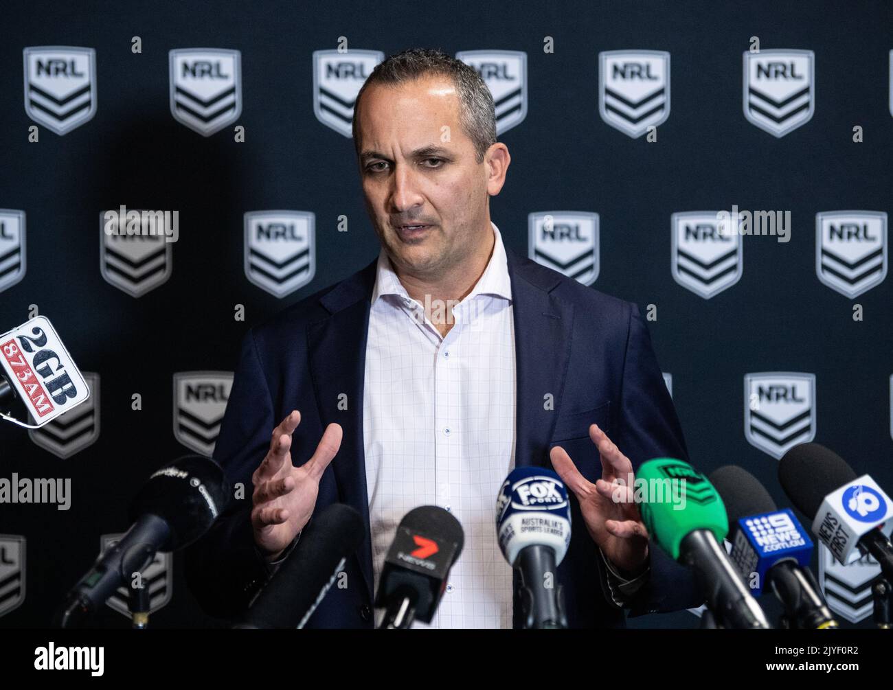 NRL Acting CEO Andrew Abdo speaks to the media during a press ...
