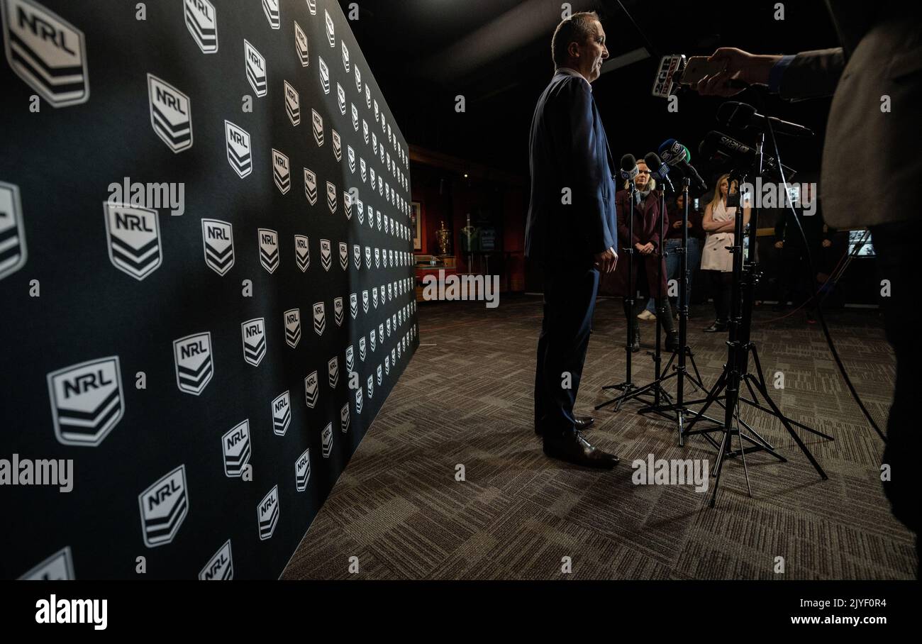 NRL Acting CEO Andrew Abdo speaks to the media during a press ...