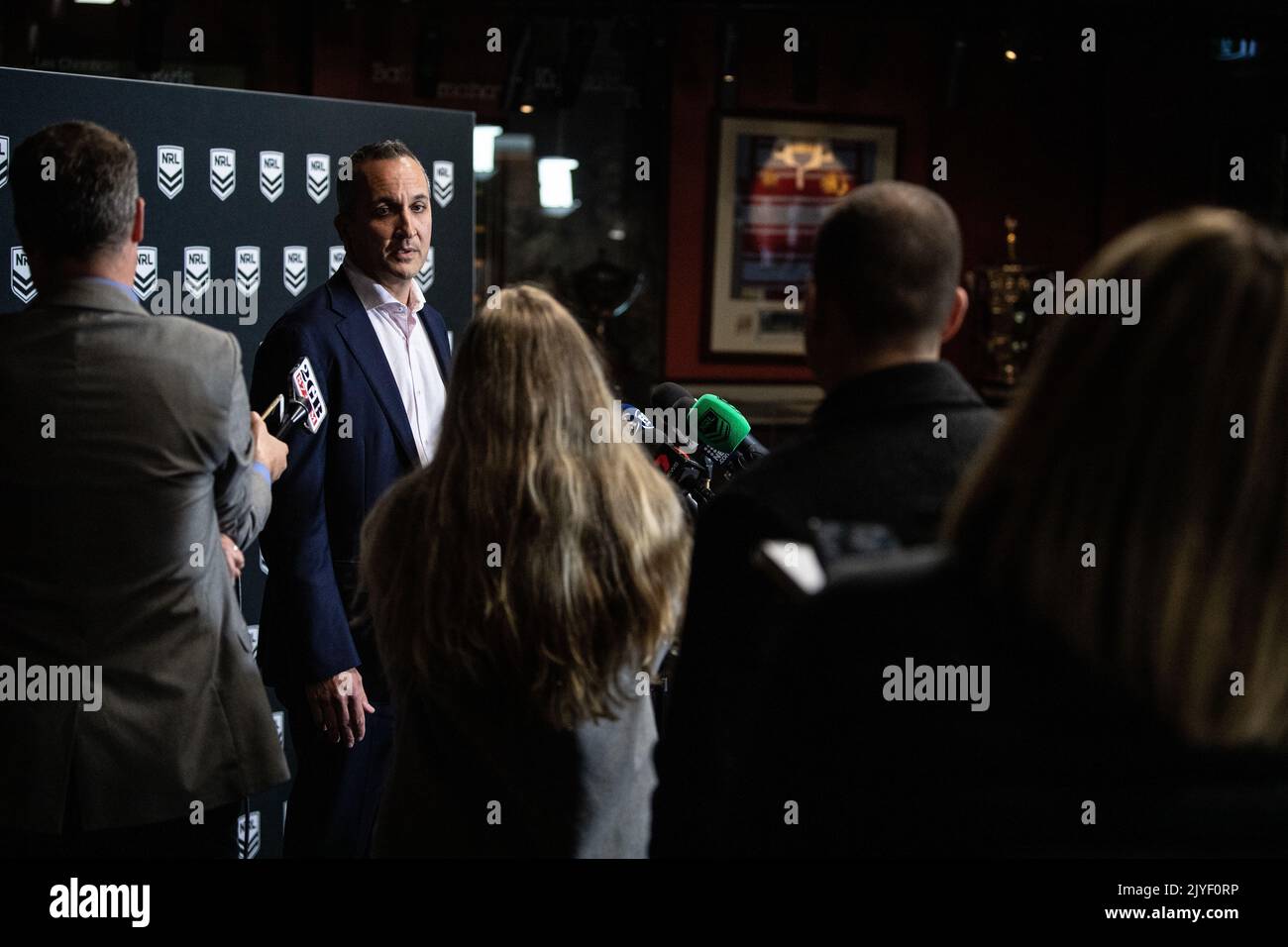 NRL Acting CEO Andrew Abdo speaks to the media during a press ...