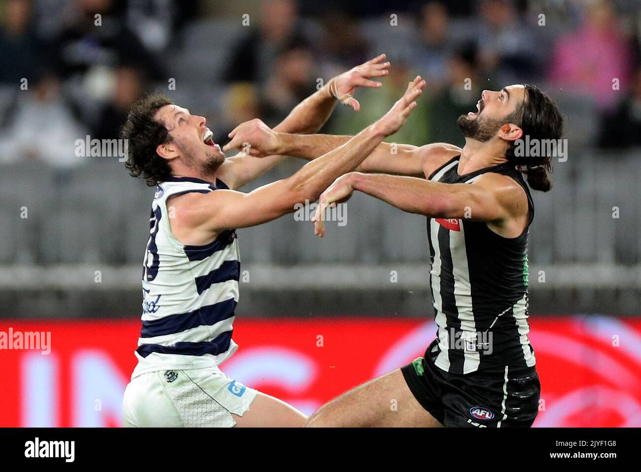 Brodie Grundy of the Magpies and Darcy Fort of the Cats compete for the ...