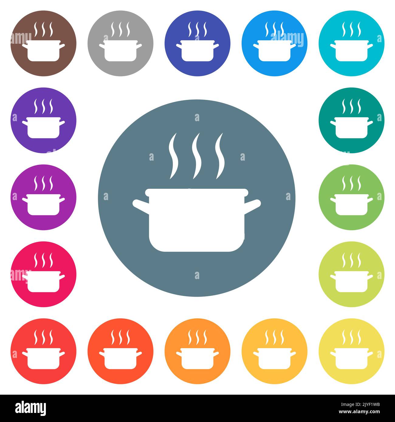 Steaming pot flat white icons on round color backgrounds. 17 background ...