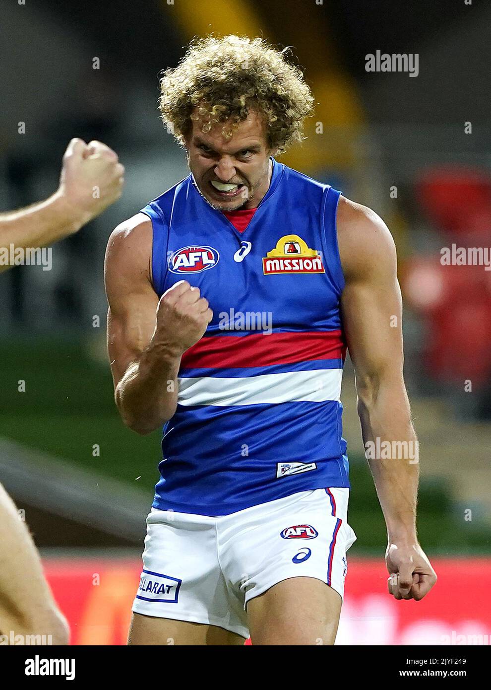 Mitch Wallis of the Bulldogs reacts after kicking a goal during the ...
