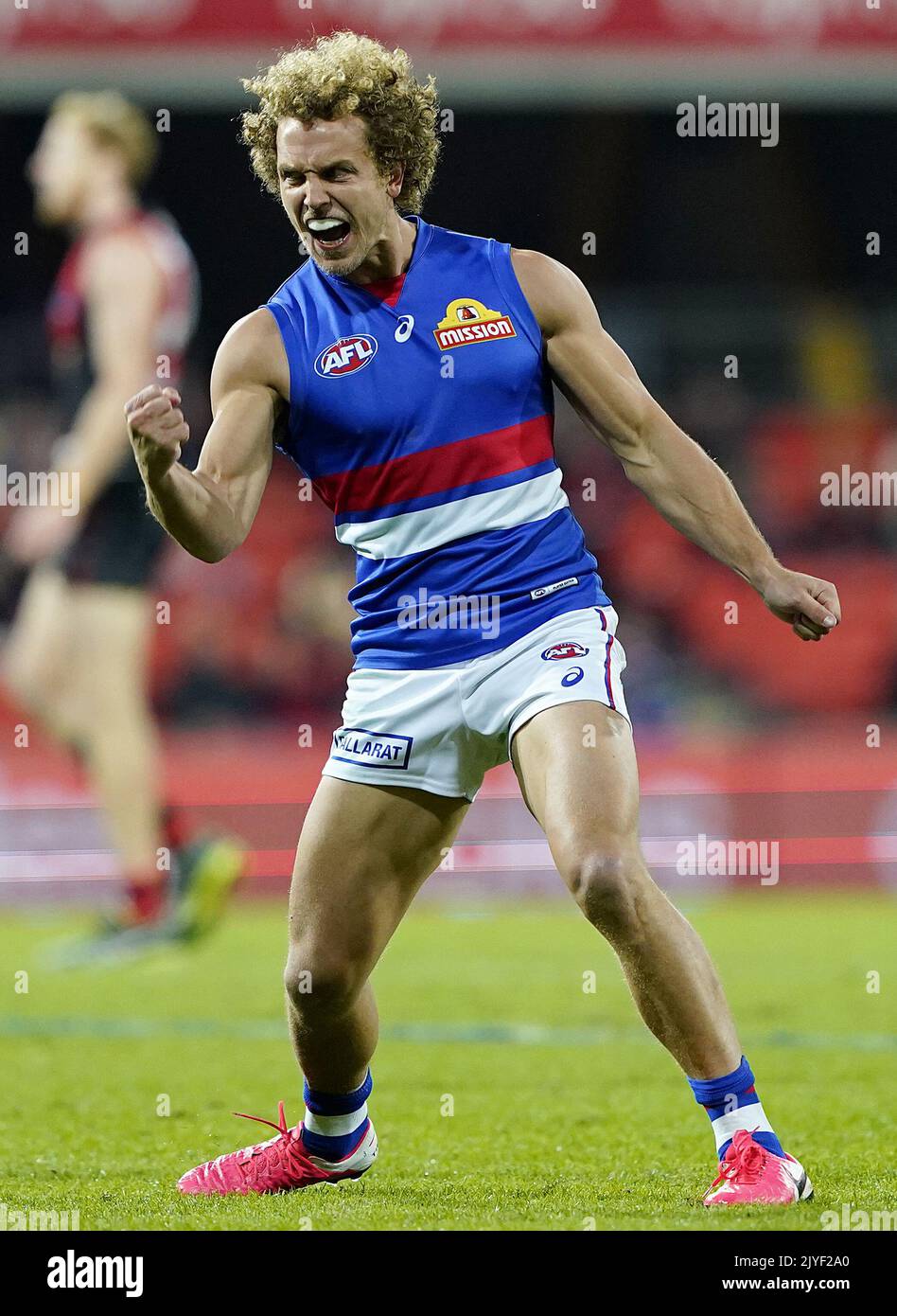 Mitch Wallis of the Bulldogs reacts after kicking a goal during the ...
