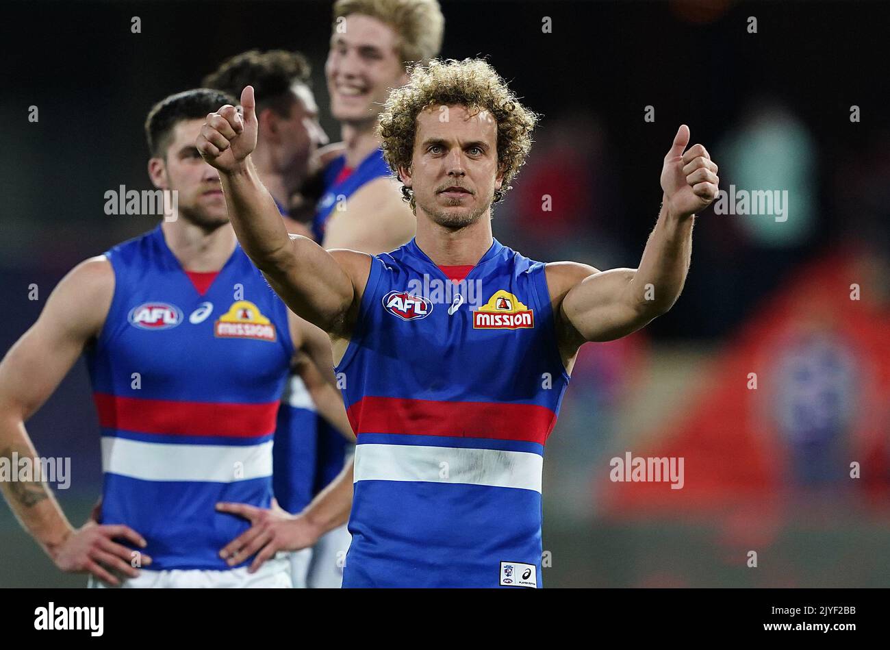 Mitch Wallis of the Bulldogs reacts following the Round 7 AFL match ...