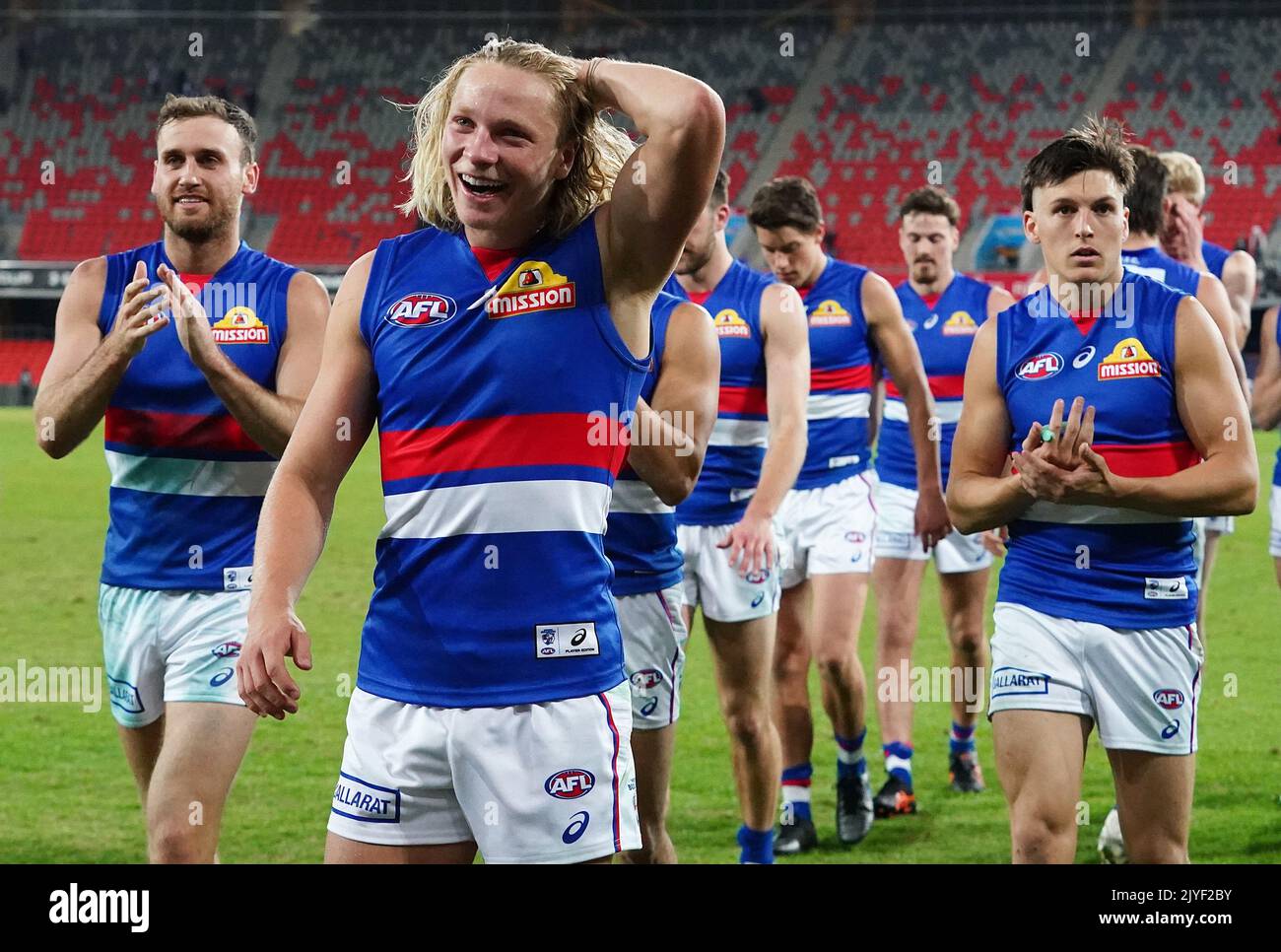 Bulldogs debutant Cody Weightman leaves the field following the Round 7 ...
