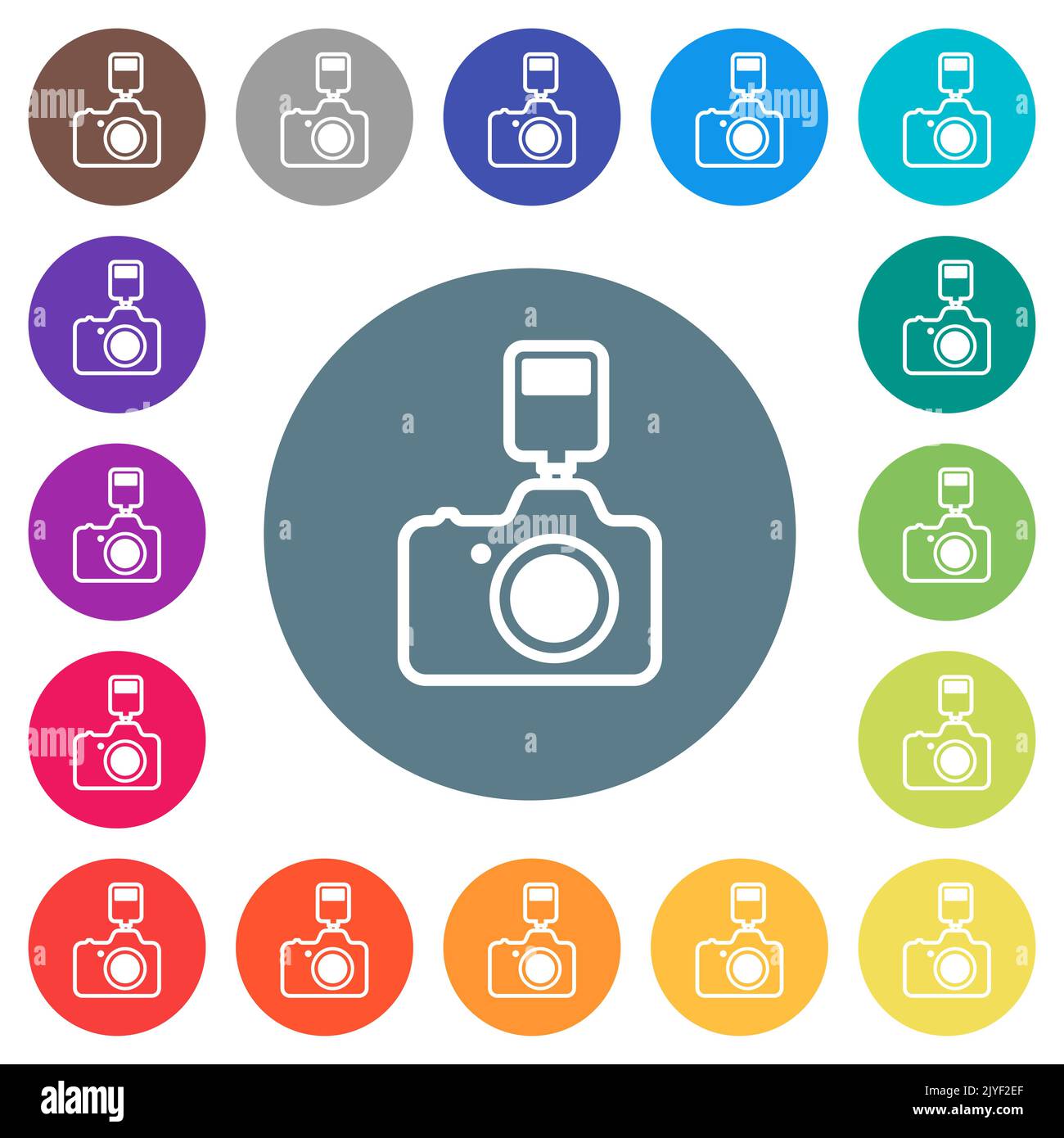 Camera with flash outline flat white icons on round color backgrounds ...