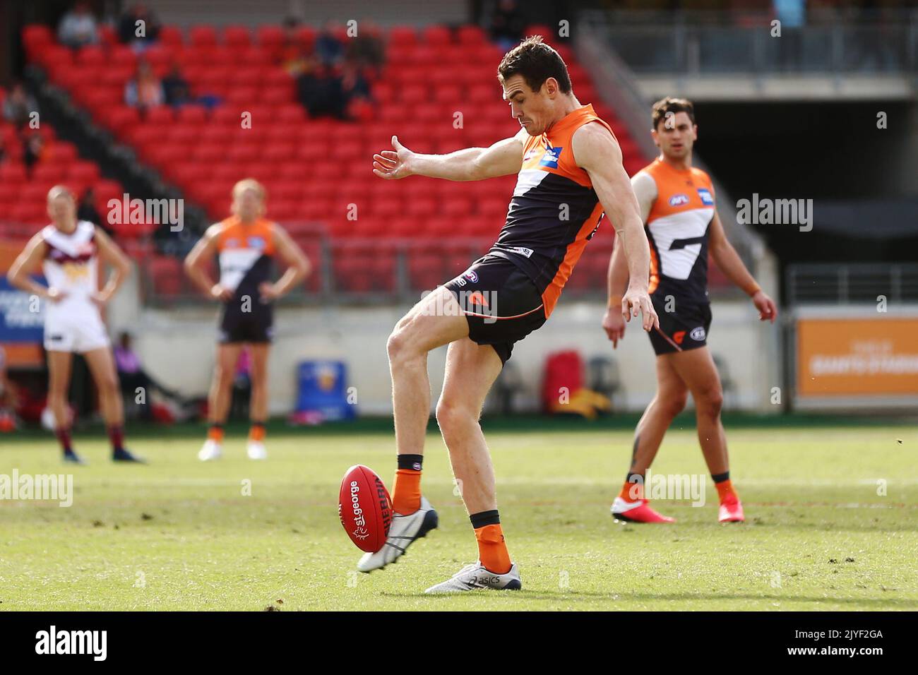 Jeremy Cameron of the Giants kicks for goal during the Round 7 AFL ...