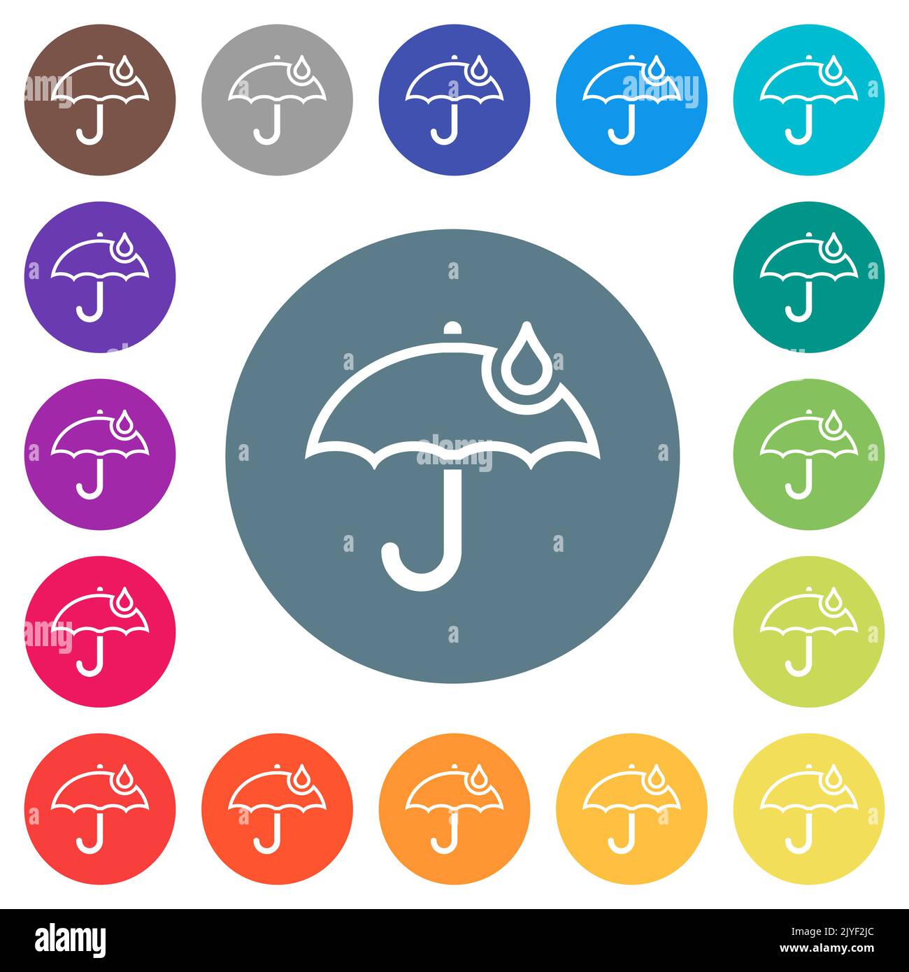 Umbrella with single raindrop outline flat white icons on round color backgrounds. 17 background ...