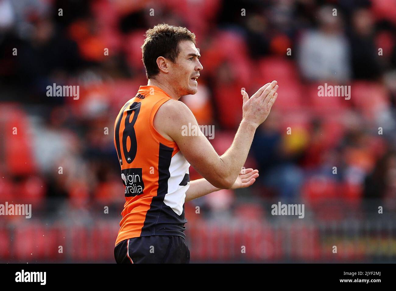 Jeremy Cameron of the Giants celebrates kicking a goal during the Round ...