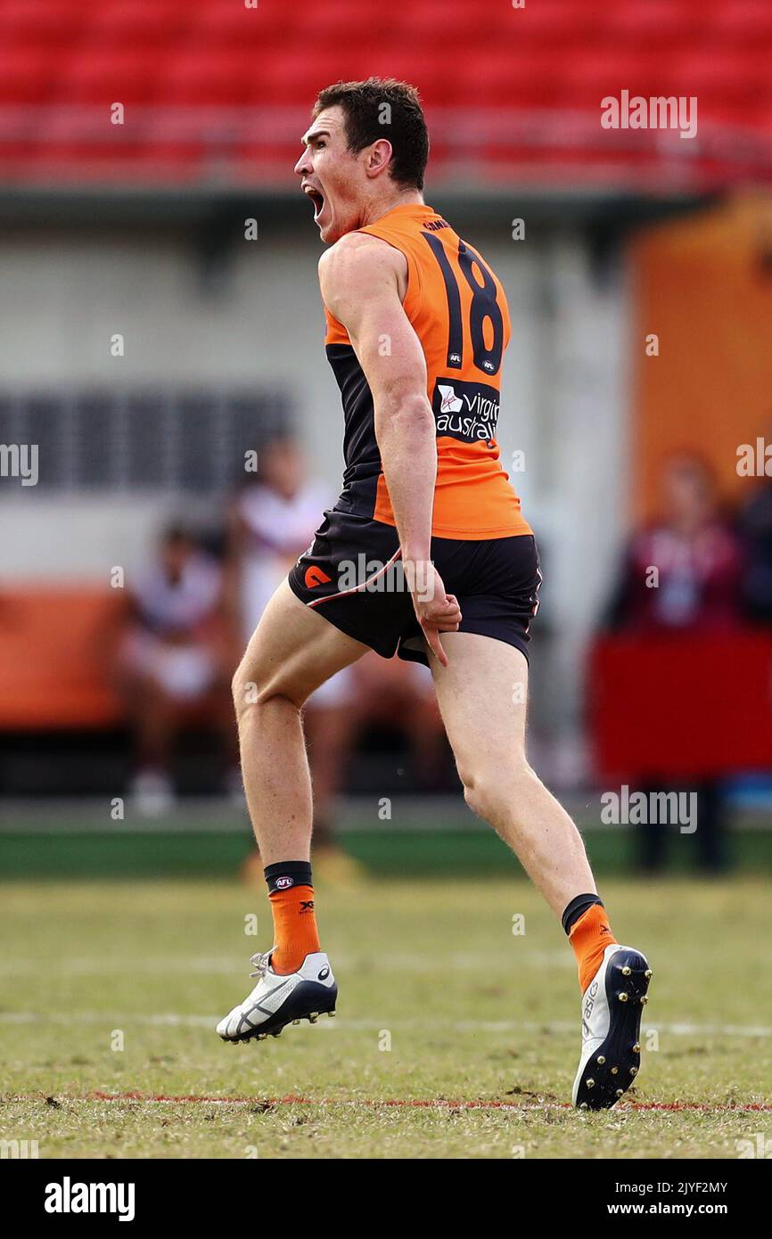 Jeremy Cameron of the Giants celebrates kicking a goal during the Round ...