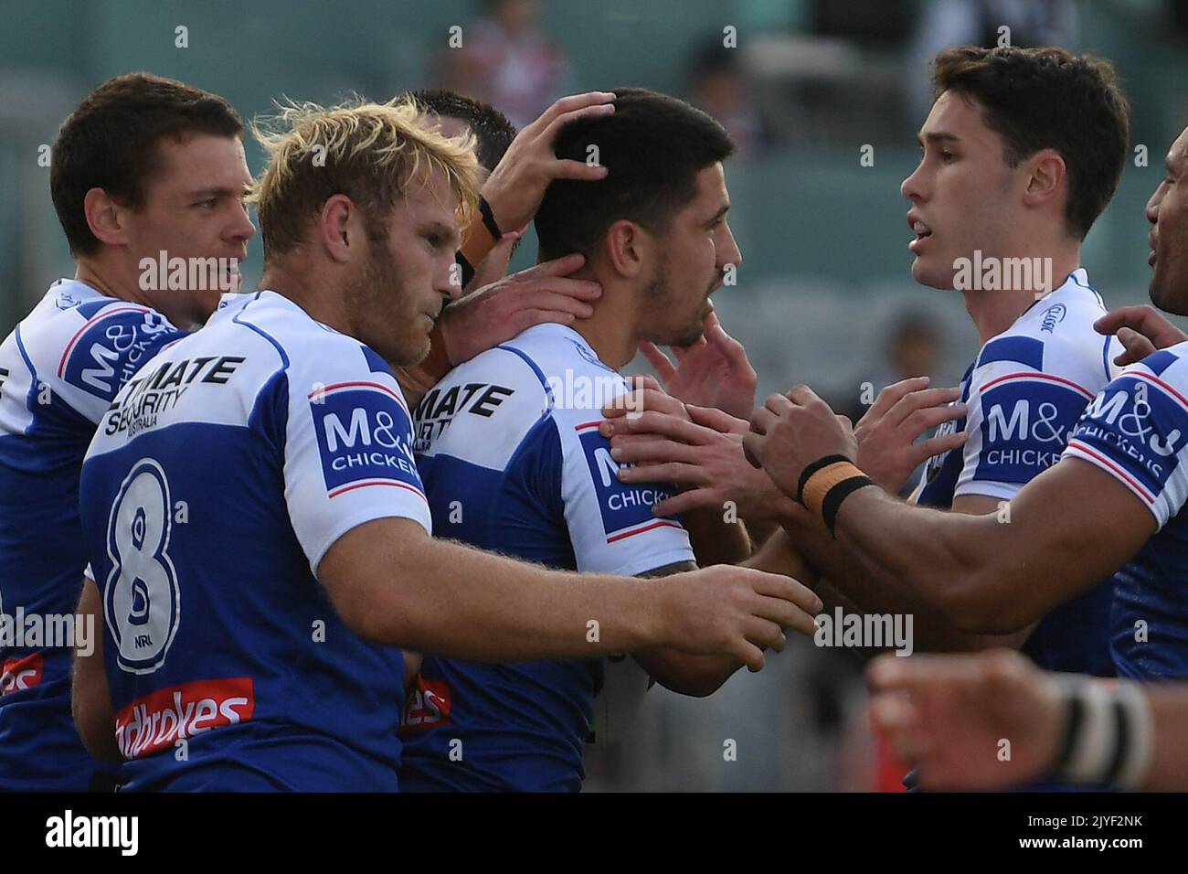 Nick Meaney of the Bulldogs celebrates his try during the Round 10 NRL ...