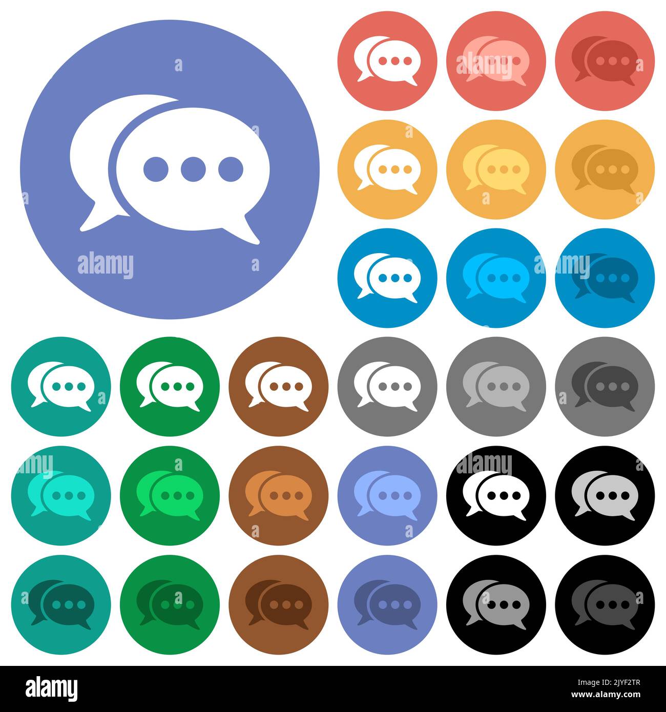 Two oval active chat bubbles solid multi colored flat icons on round ...