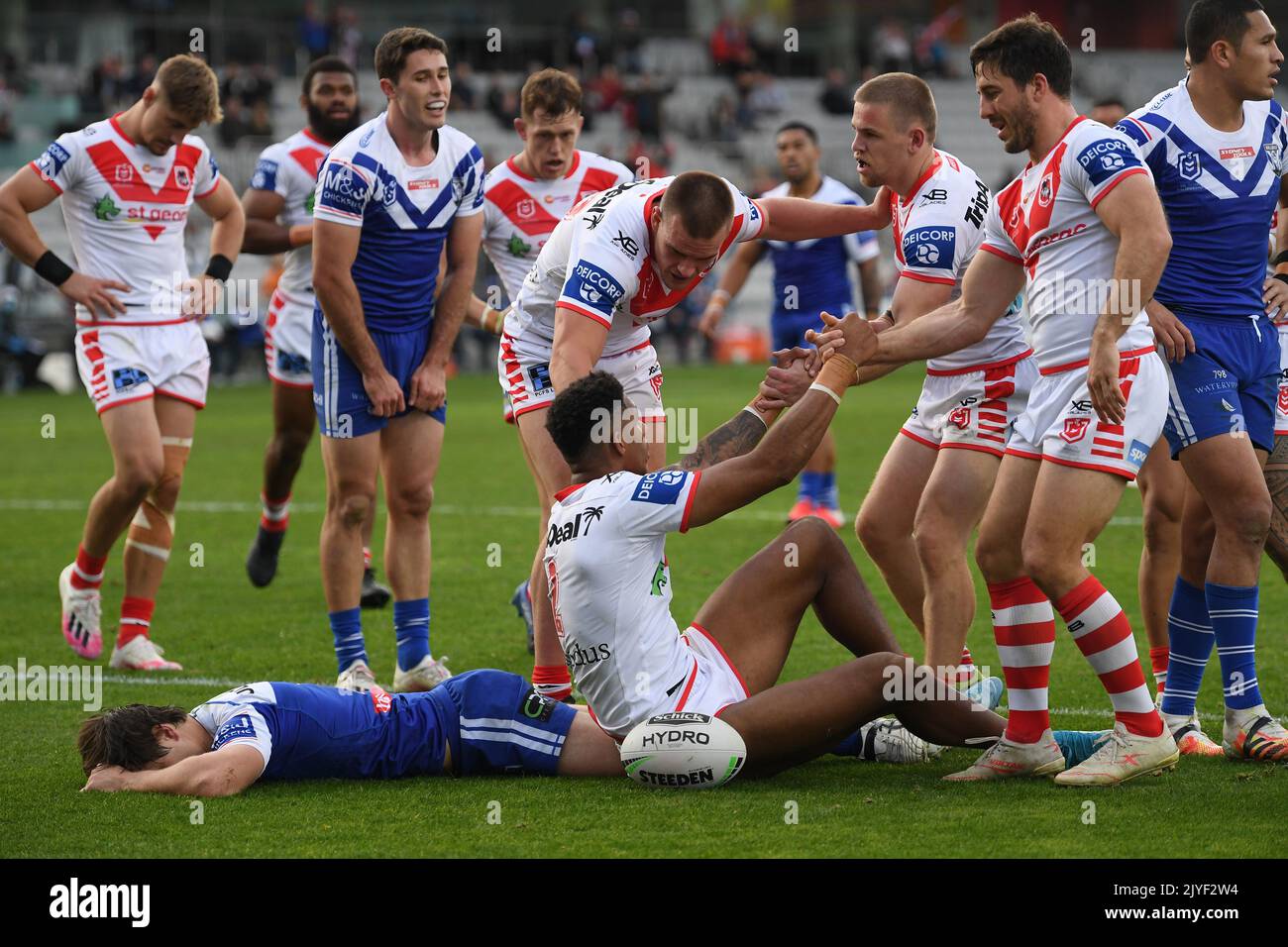 The Dragons celebrate Jason Saab's try during the Round 10 NRL match ...