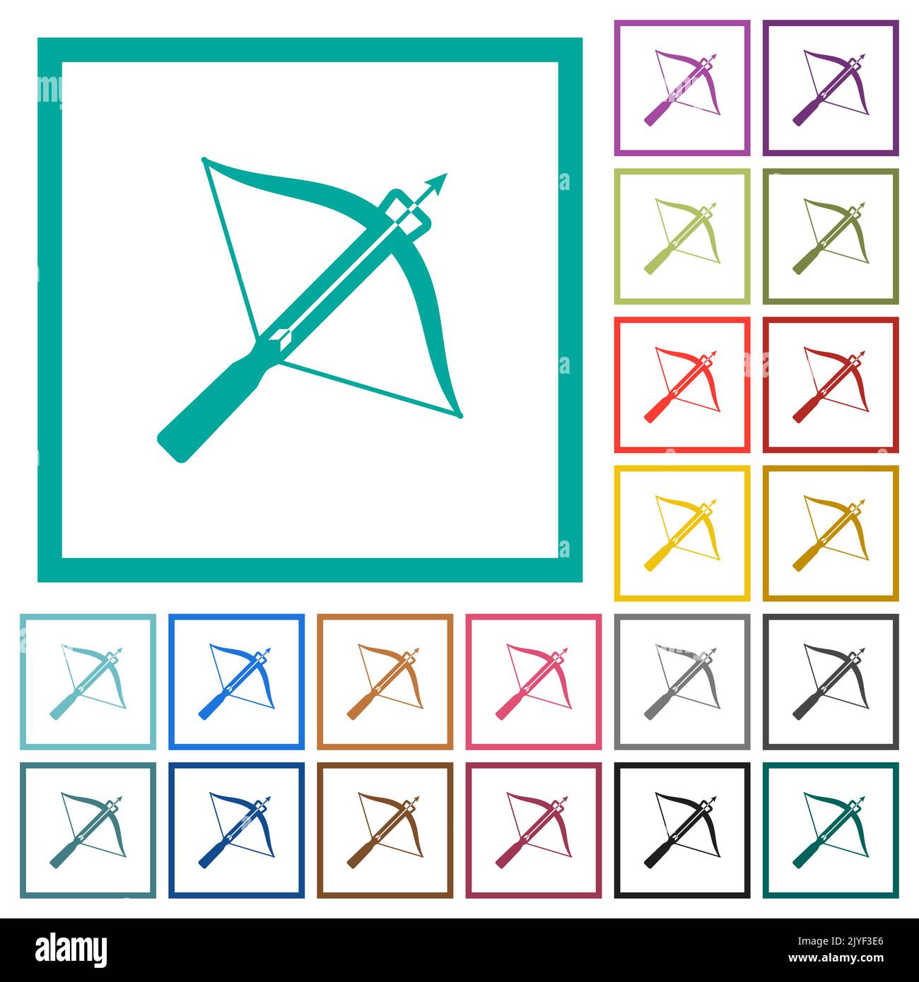 Crossbow with arrow flat color icons with quadrant frames on white ...
