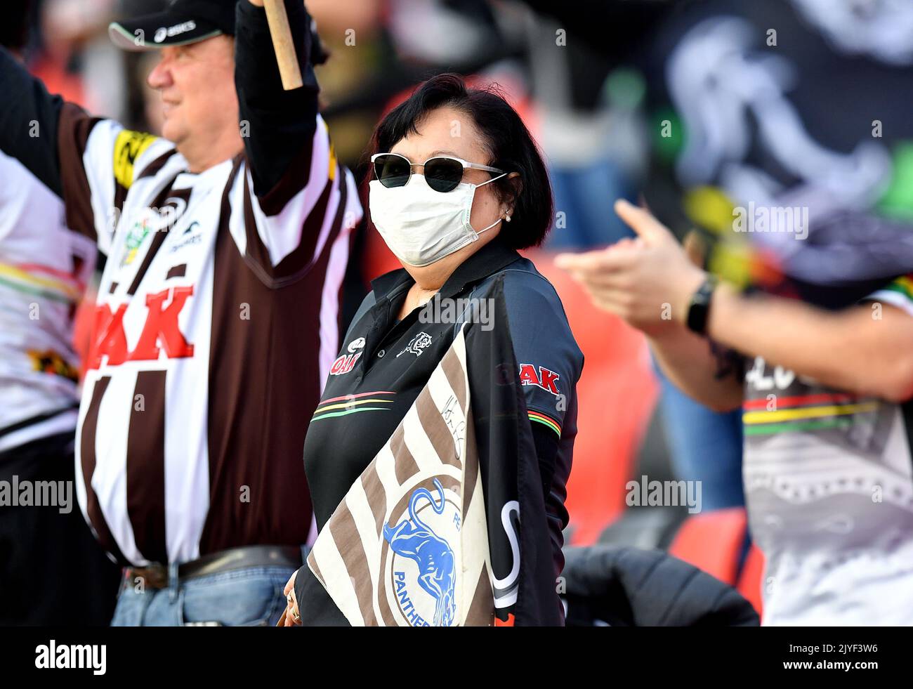 A Panthers fan looks on during the Round 10 NRL match between the ...