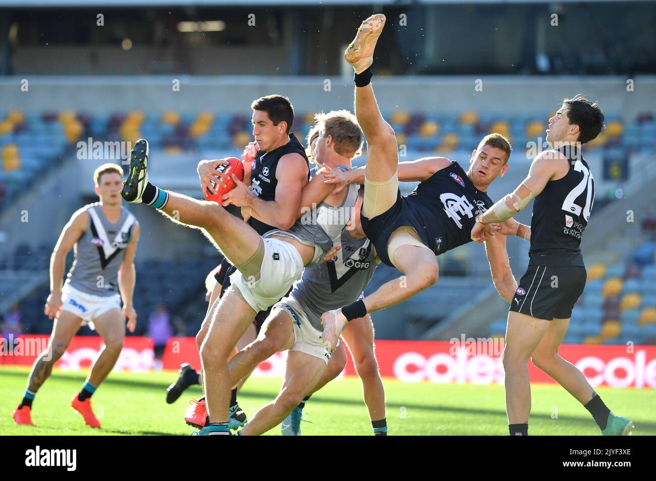 Jacob Weitering (left) of the Blues takes a mark while team mate Liam ...