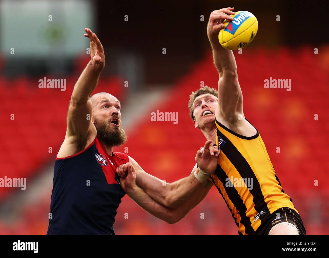Max Gawn of the Demons contests the ball with Ben McEvoy of the Hawks ...