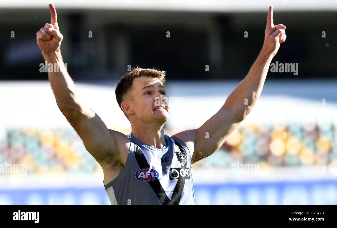 Robbie Gray of the Power celebrates kicking the winning goal on full ...