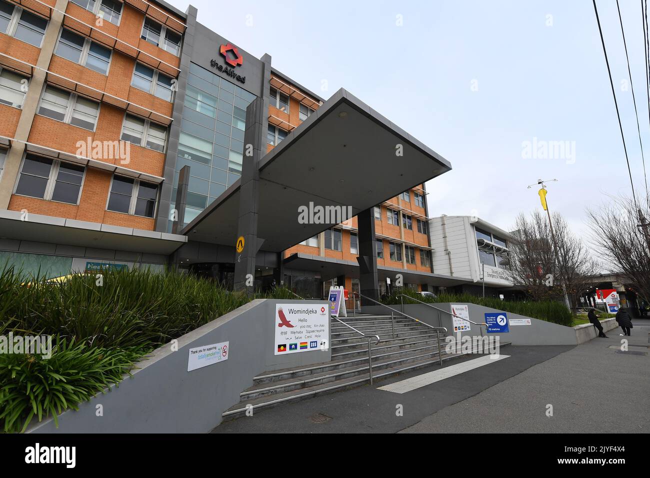 General view of signage on the exterior of the Alfred hospital in ...