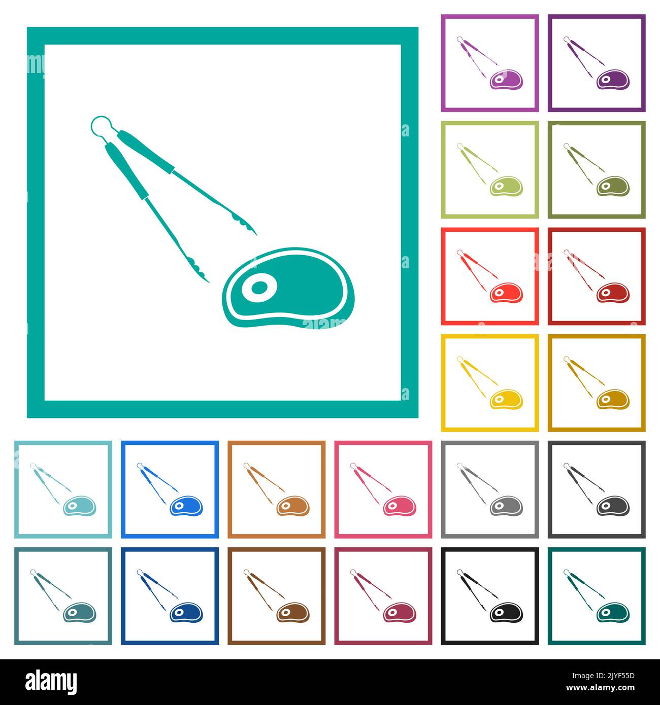 Barbecue tongs and steak flat color icons with quadrant frames on white ...