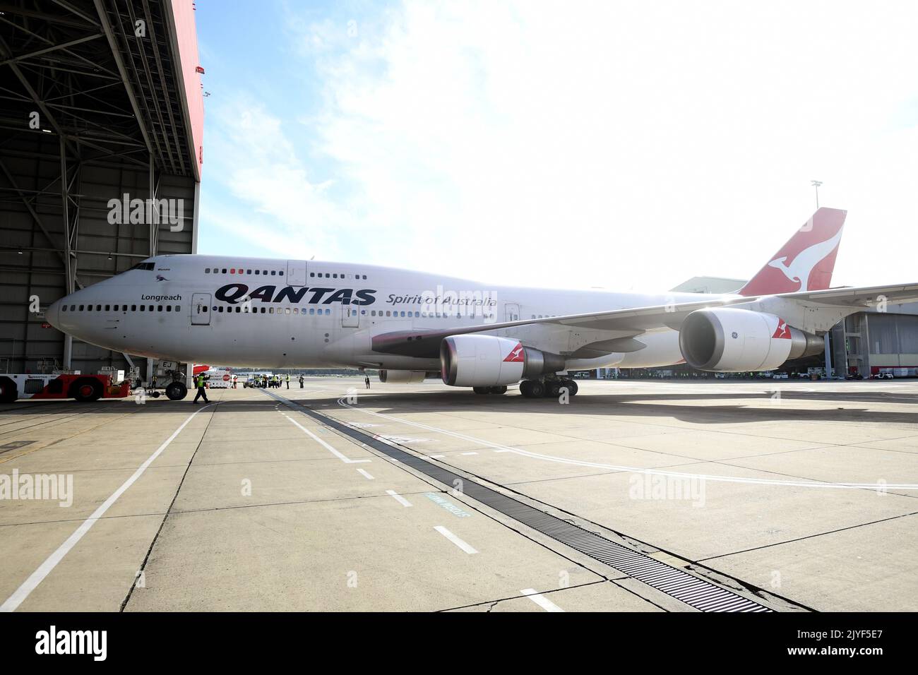 Qantas Airways flight QF7474 leaves Hanger 96 and prepares for take off ...