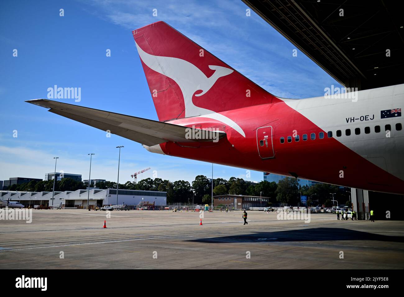 Qantas Airways flight QF7474 seen in Hanger 96 as it prepares for take ...