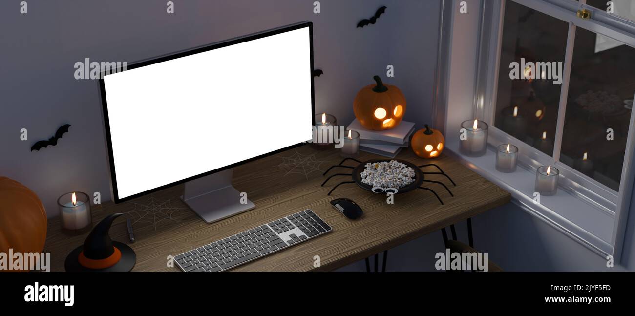Above view, Modern dark home workspace in Halloween theme, blank PC ...
