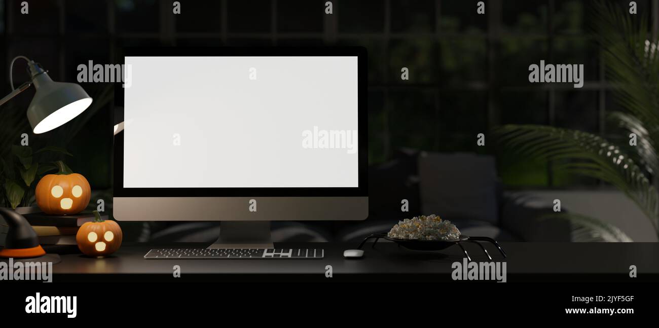 Modern dark office desk in Halloween decor with computer desktop white ...