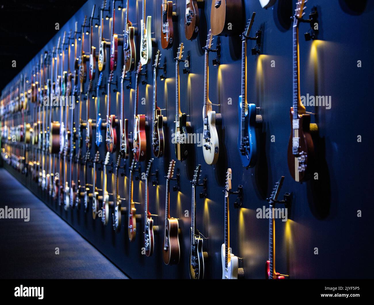 A wall of Maton Guitars is seen during a media preview of the new ...