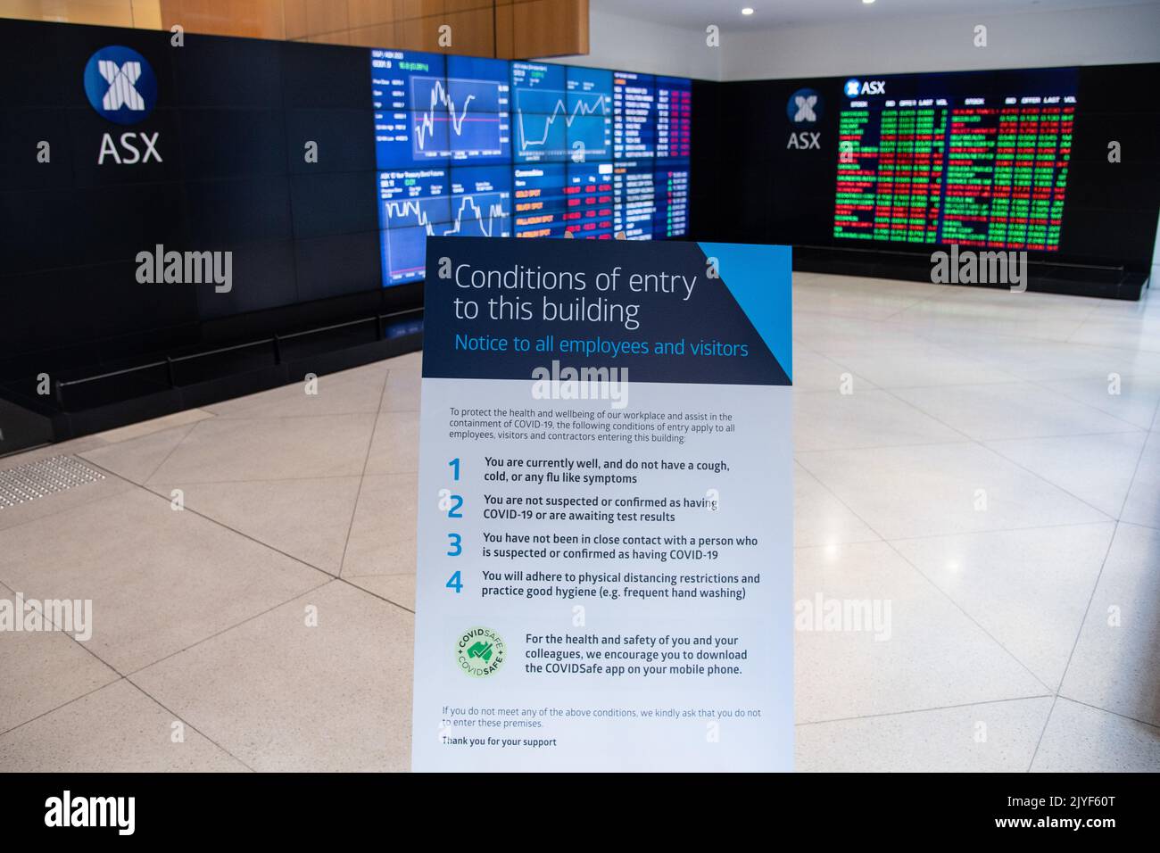 A sign highlighting conditions of entry in the atrium of the Australian ...
