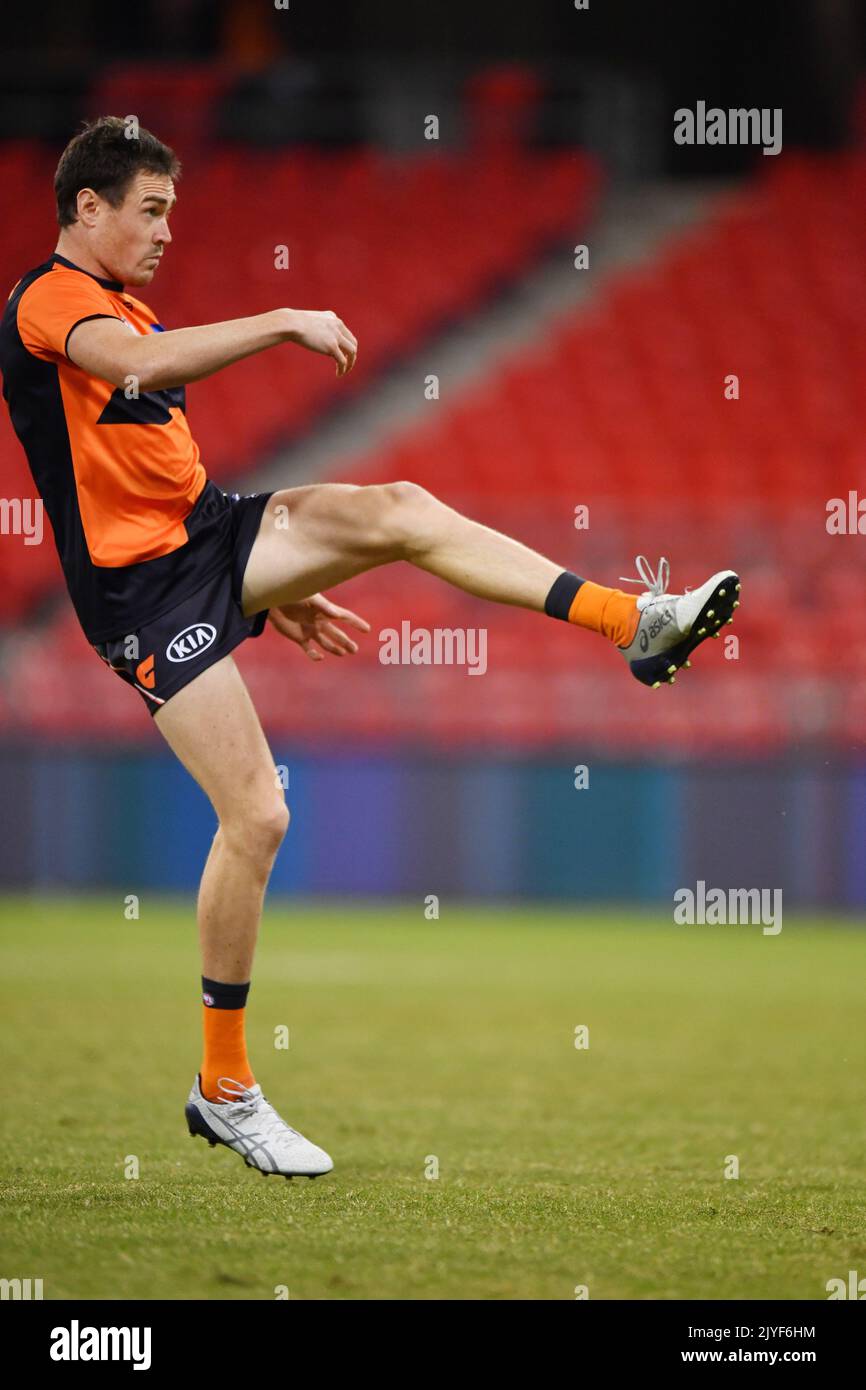 Jeremy Cameron of the Giants warms up ahead of the Round 8 AFL match ...