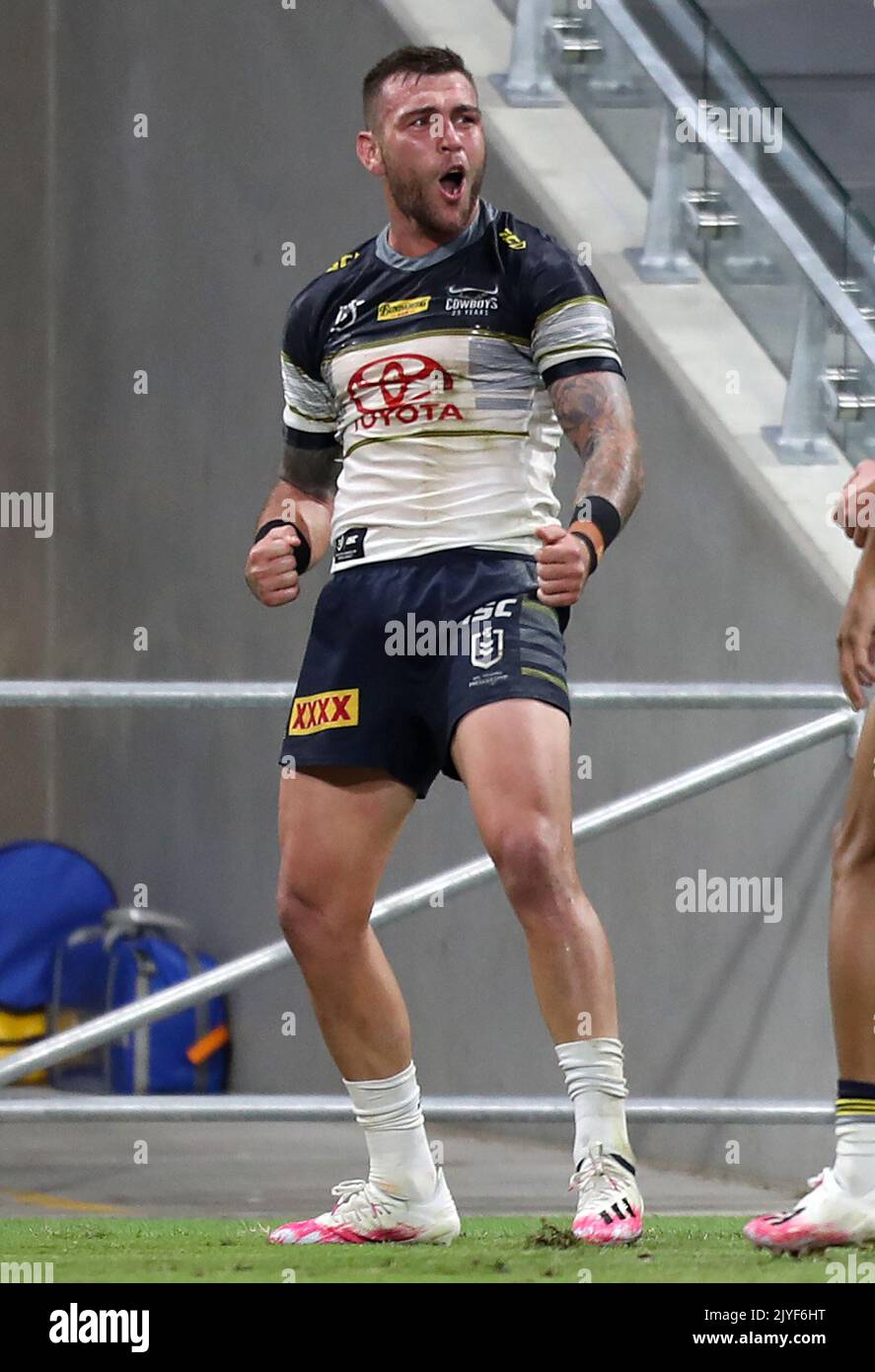 Kyle Feldt of the Cowboys reacts after scoring a try during the Round ...