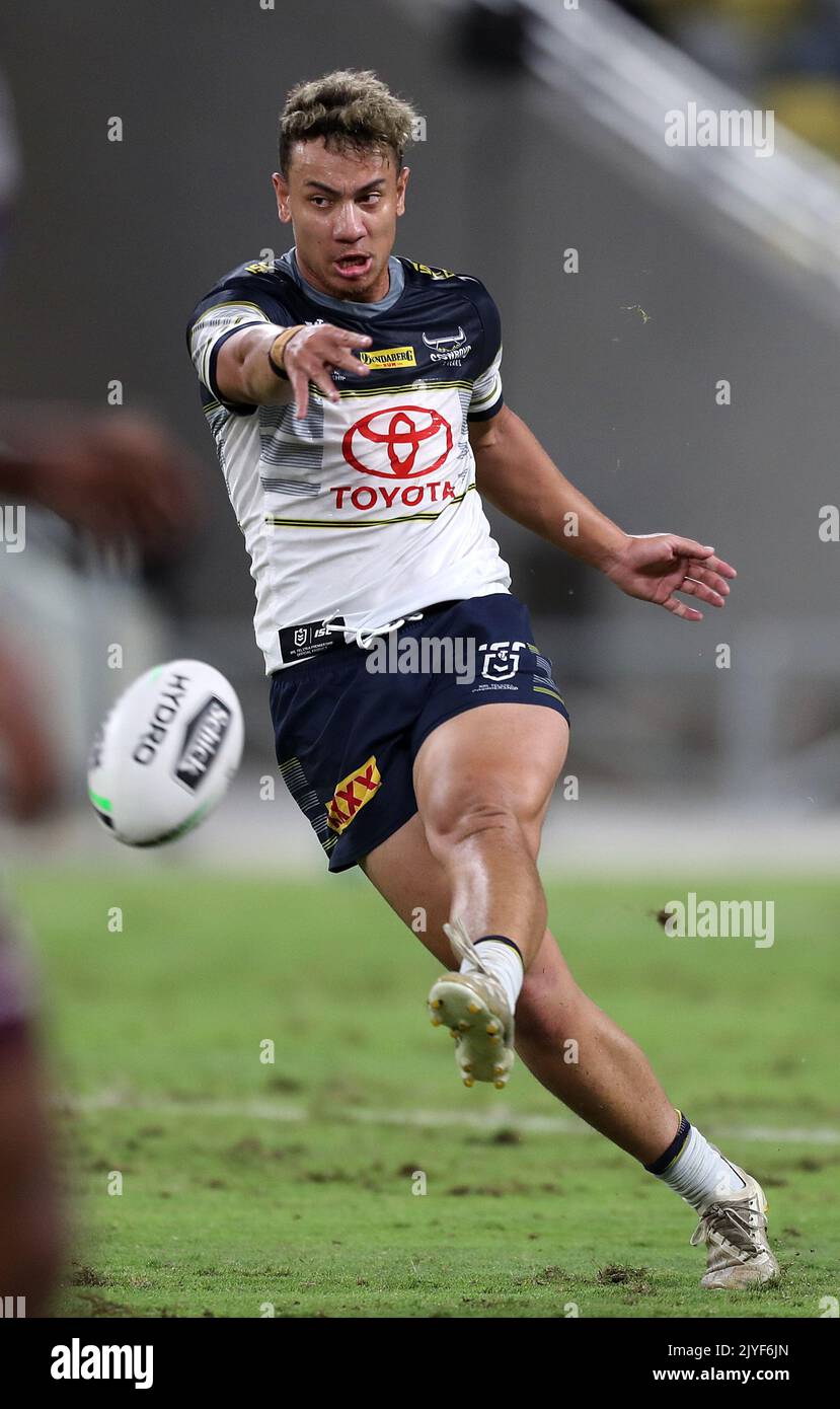 Daejarn Asi of the Cowboys kicks during the Round 11 NRL match between ...