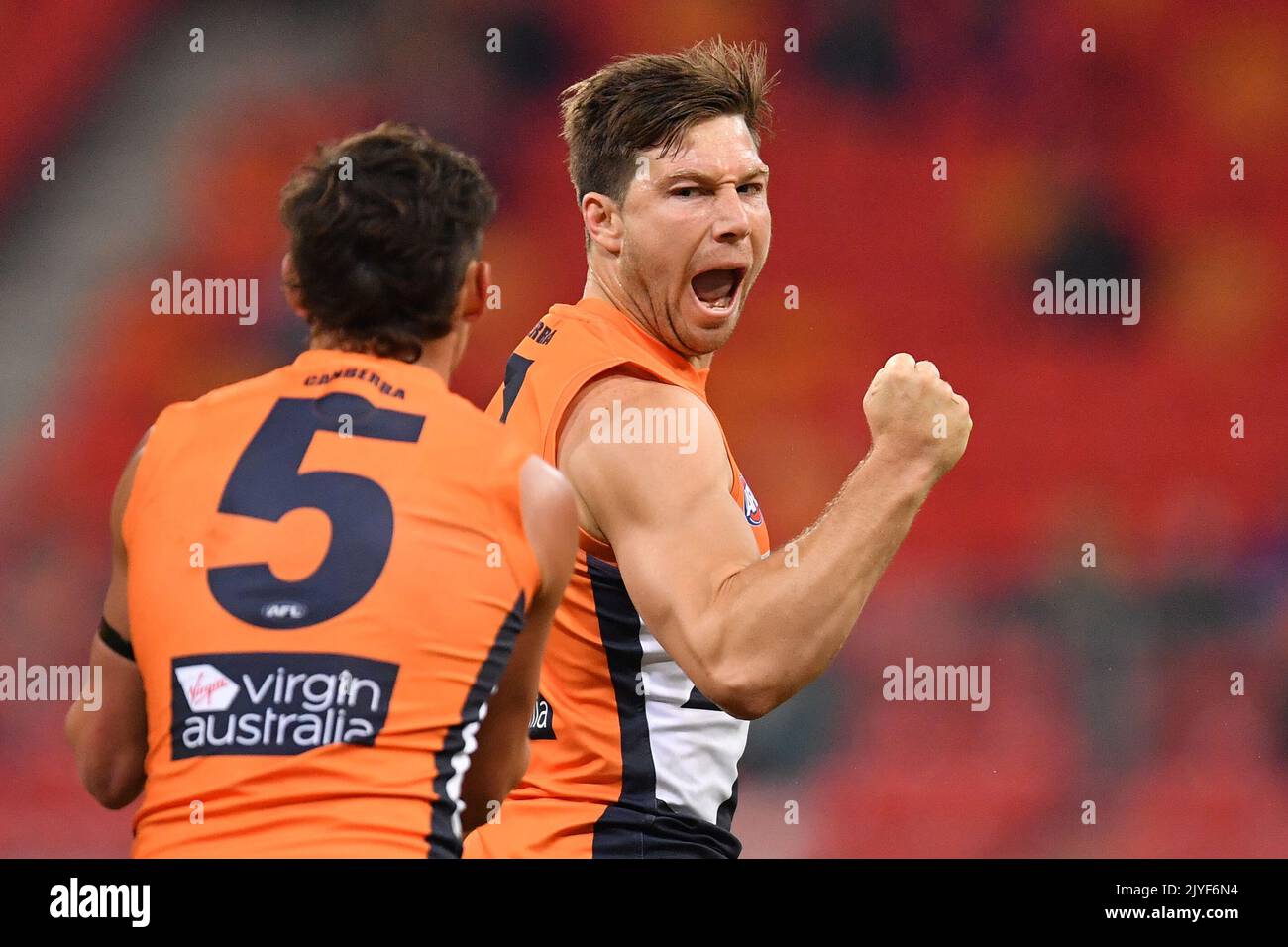Toby Greene of the Giants celebrates a goal during the Round 8 AFL ...