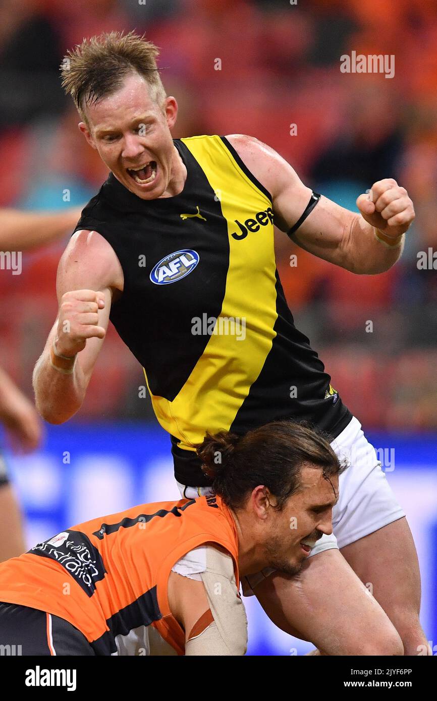 Jack Riewoldt of the Tigers celebrates his goal during the Round 8 AFL ...